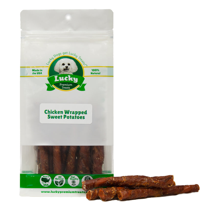 Chicken Wrapped Sweet Potato Dog Chew Sticks – Lucky Premium Treats